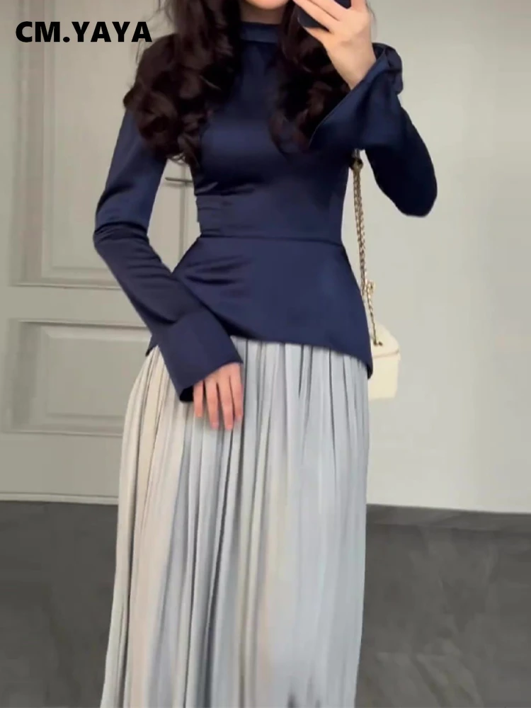 CM.YAYA Women's Set Elegant Long Sleeve Top and Pleated Long Skirts ...