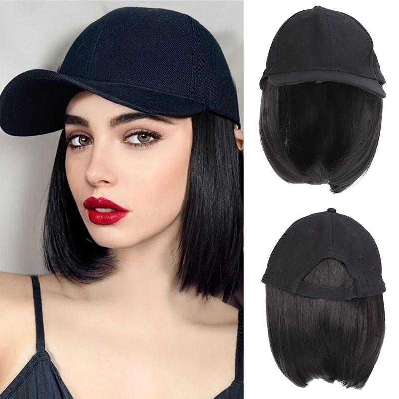 Baseball-Cap-with-Hair-Attached-Hat-Hair-Extensions-Short-Straight-Bob ...