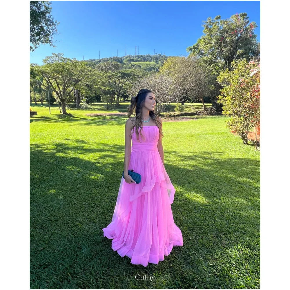 Cathy Customized Pink Strapless Multilayer Pleats Prom Dresses Elegant ...