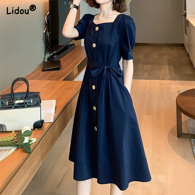 스퀘어 칼라 버튼 우아한 패션 솔리드 컬러 여름 반팔 A 라인 스커트 엠파이어 벨트 그레이스 드레스 여성 의류 2022