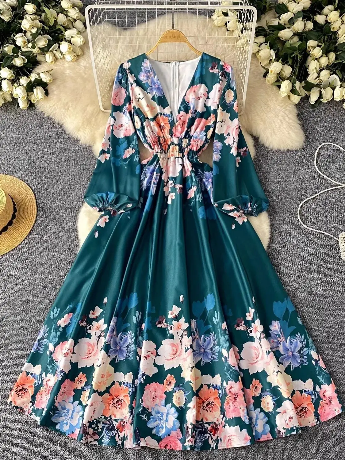 Autumn-Holiday-Bohemian-Flower-Dress-Women-s-V-Neck-Lantern-Sleeve ...