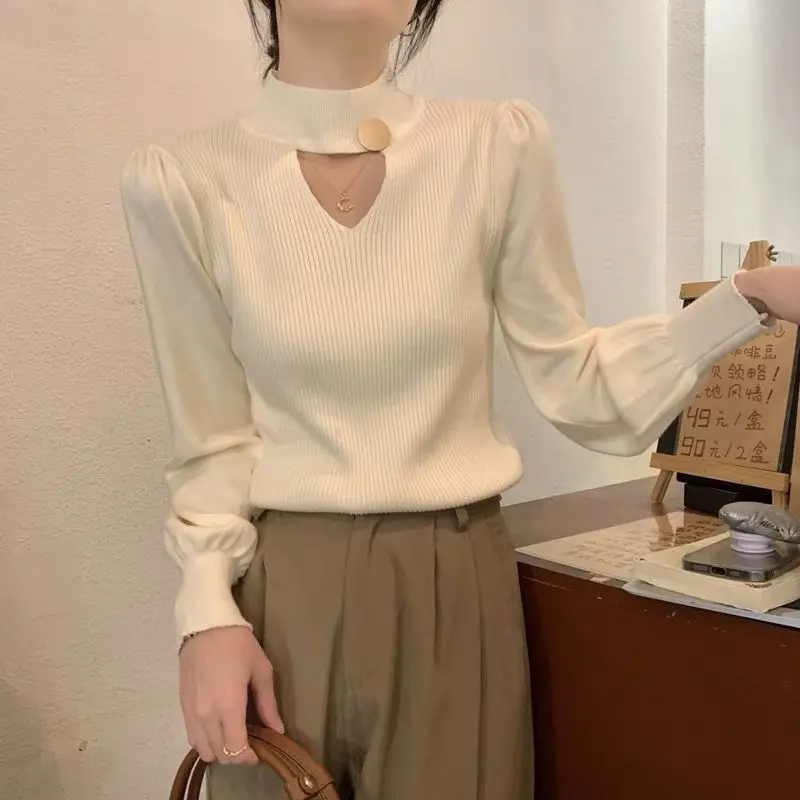 Women-s-Autumn-Winter-Solid-Round-Neck-Pullover-Screw-Thread-Rivet ...