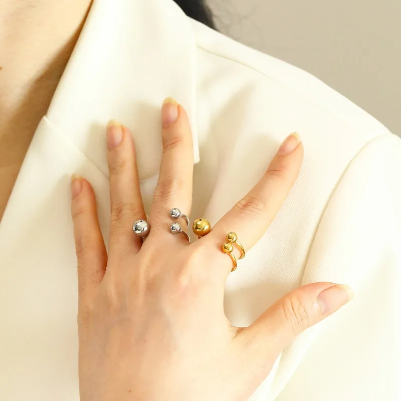 Golden-Steel-Irregular-Two-Ball-Opening-Titanium-Steel-Ring-with-Round ...