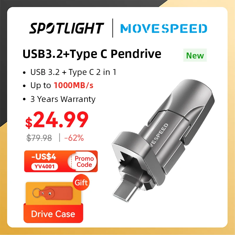 MOVESPEED 1000MB/s Solid State Pen Drive USB3.2 Gen 2 Type C Flash ...