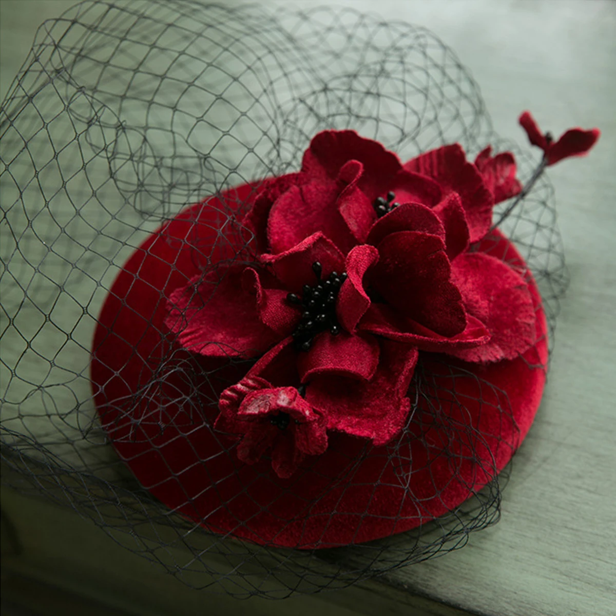 Red Bridal Fascinator Hat with Veil Flower Beads for Women Church ...