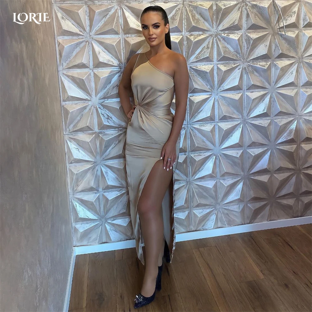 LORIE Shiny Champagne Evening Dresses Side Slit Satin Mermaid One ...