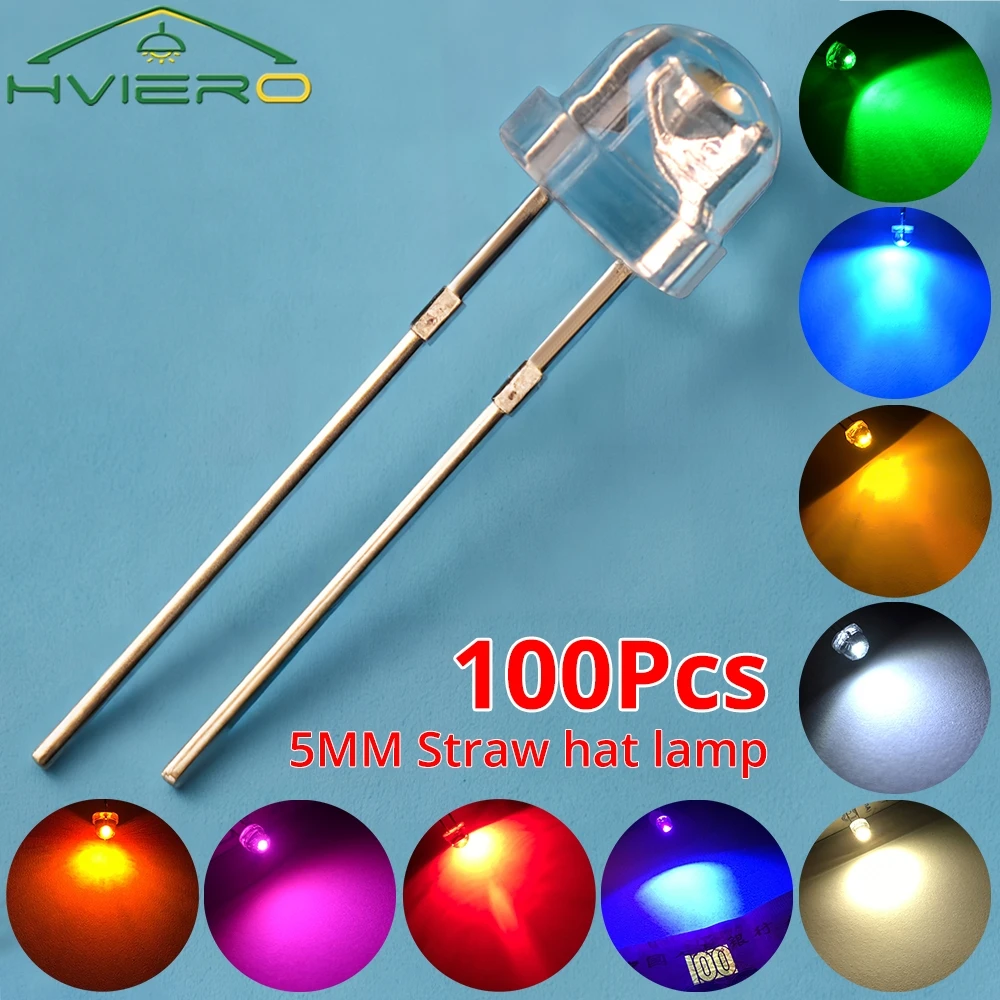 100Pcs 5mm LED Straw Hat White Red Green Blue Yellow SMD SMT Water ...