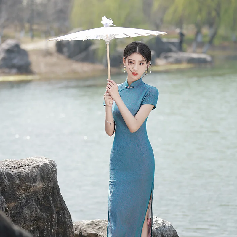 Summer-High-Slit-Long-Blue-Sexy-Cheongsam-Elegant-Vintage-Chinese ...