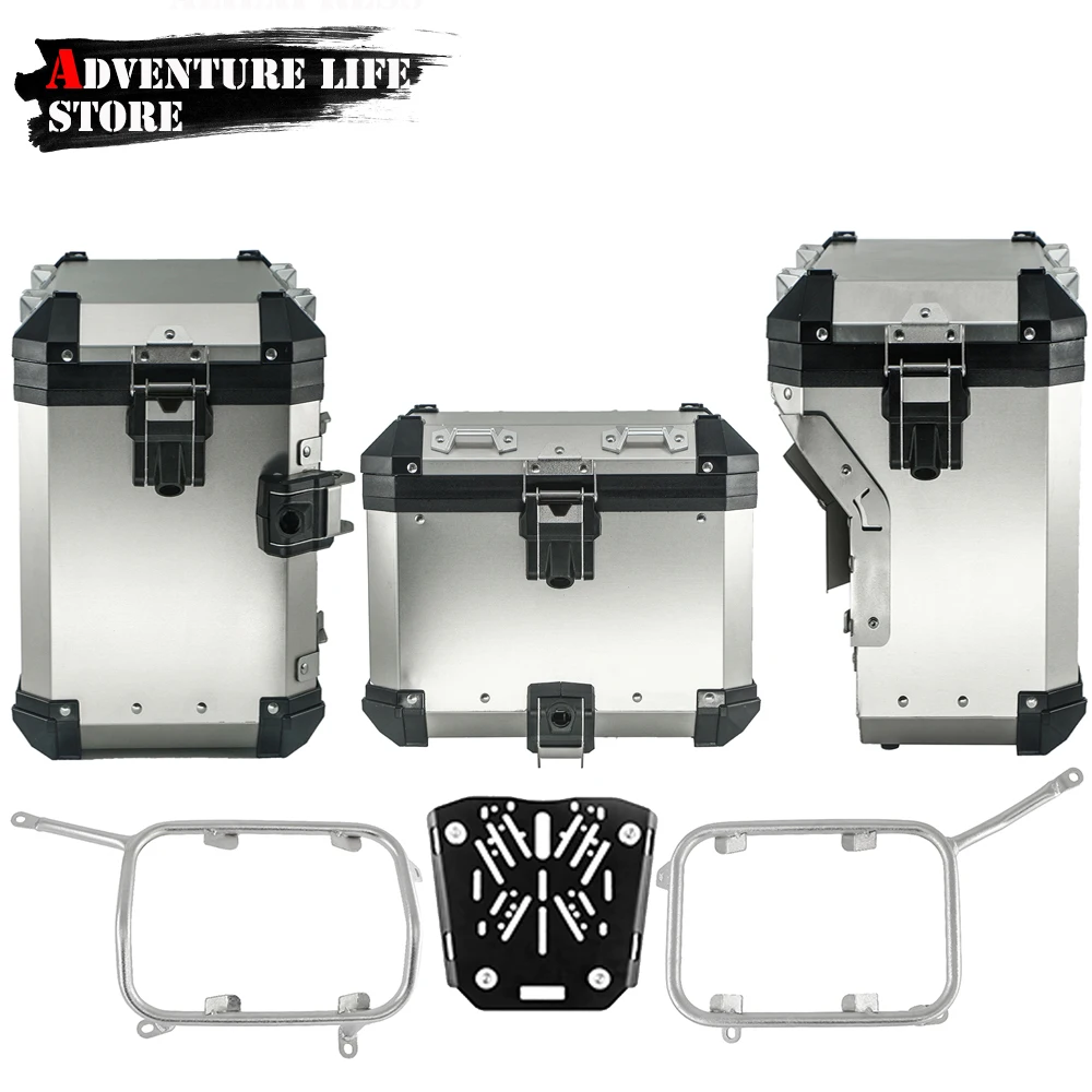Motorcycle Black Silver Panniers Top Case Aluminum Saddlebag Rack ...