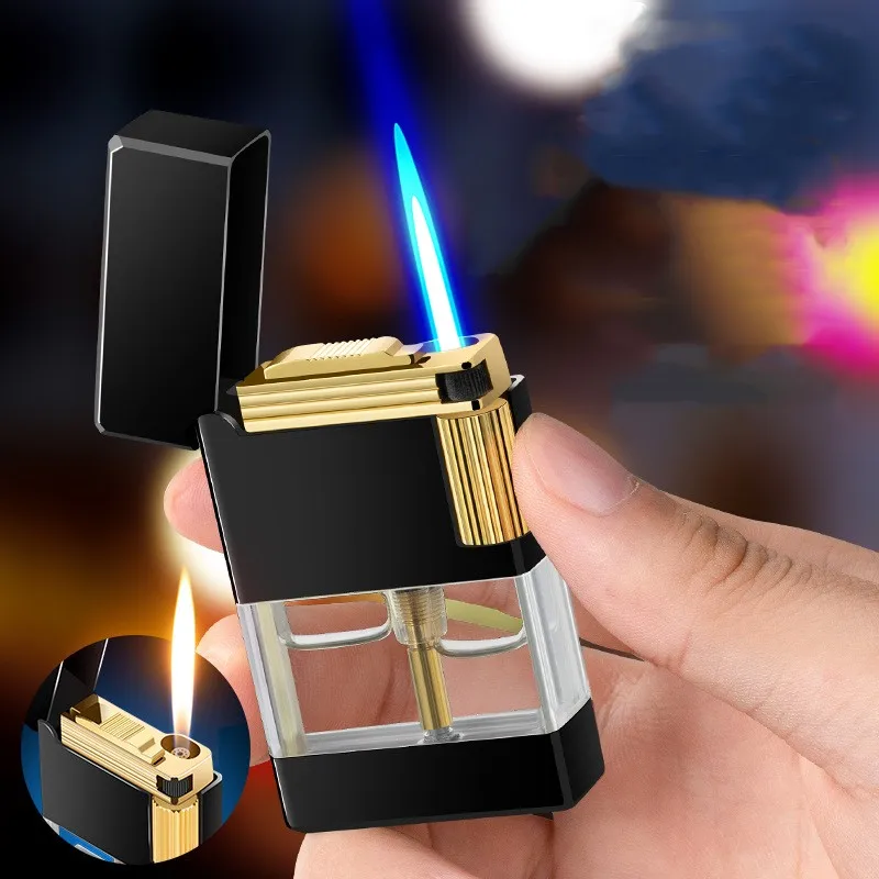 New Metal Transparent Oil Window Double Flame Lighter Butane Gas ...