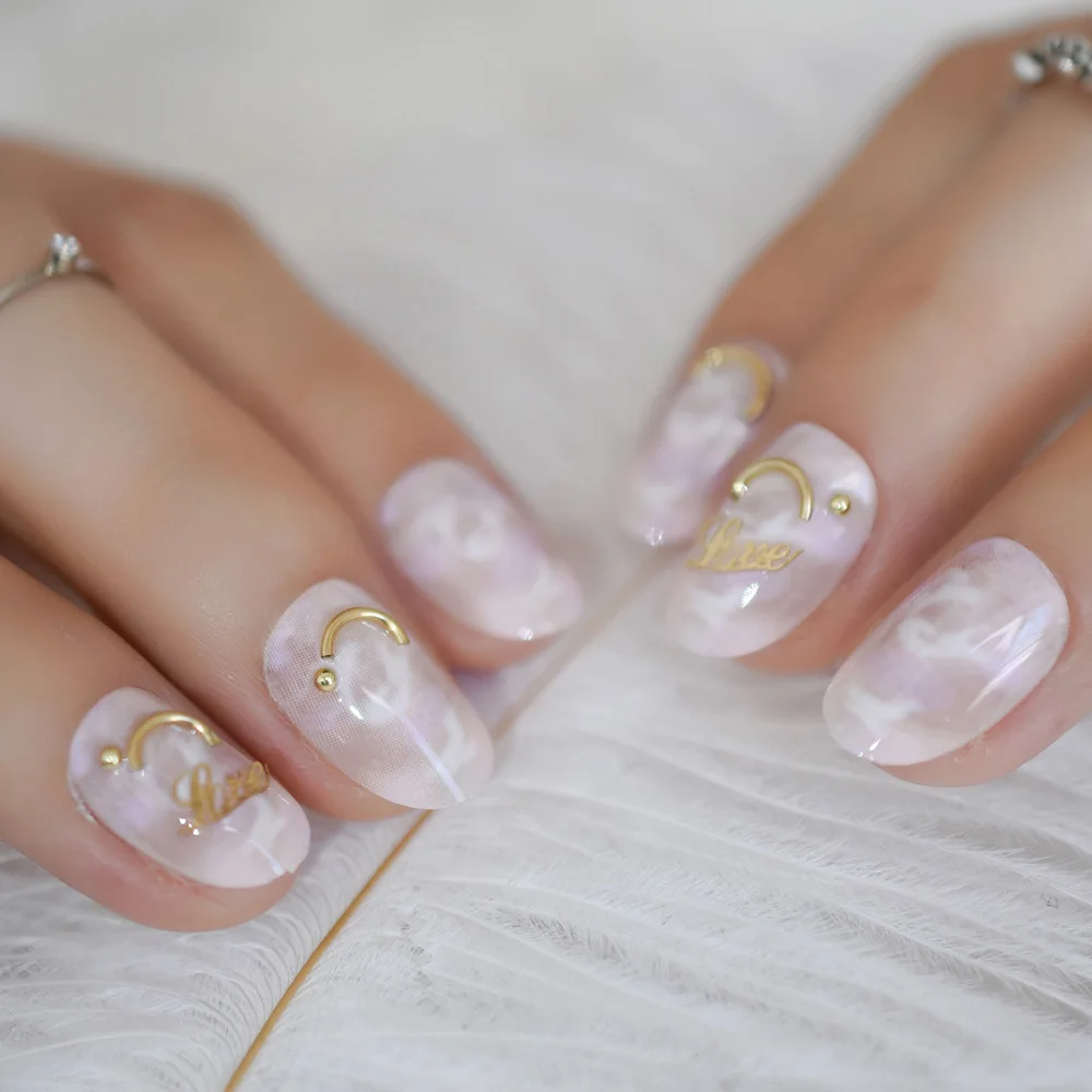 Happy-Smile-Fake-Nails-Short-Oval-Shape-Marble-White-Acrylic-Nail-Art ...