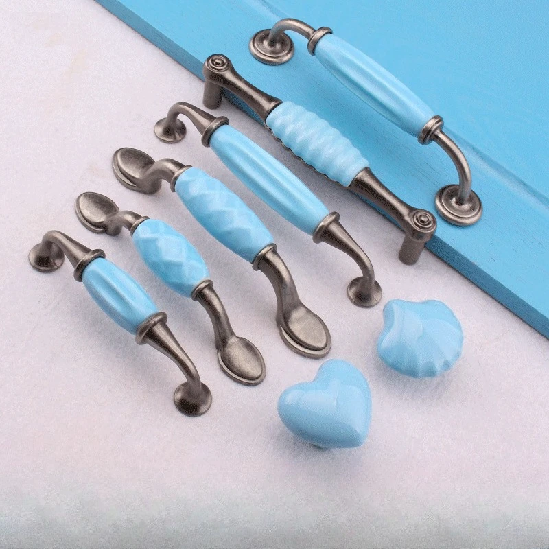 Vintage Rustic Ceramic Furniture Handles Antique Silver and Blue ...