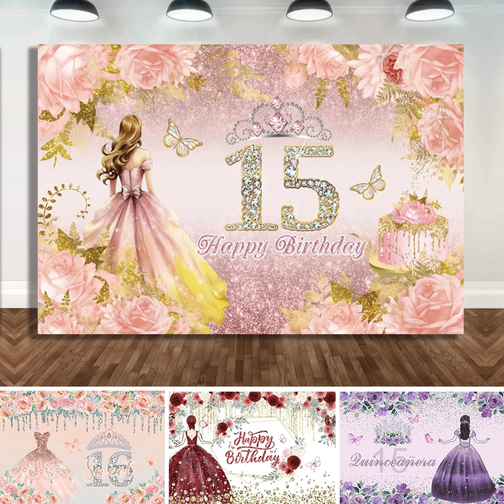 Princess-Crown-Birthday-Backdrops-Pink-Flowers-Party-Sweet-Girl ...