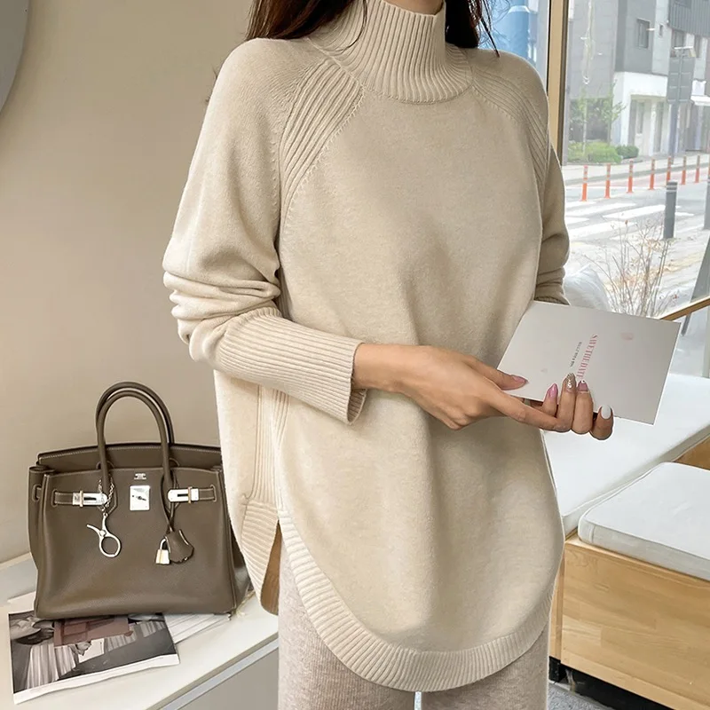 Sweater-Solid-Color-High-Collar-Irregular-Hem-Bottoming-Knitted-Sweater ...