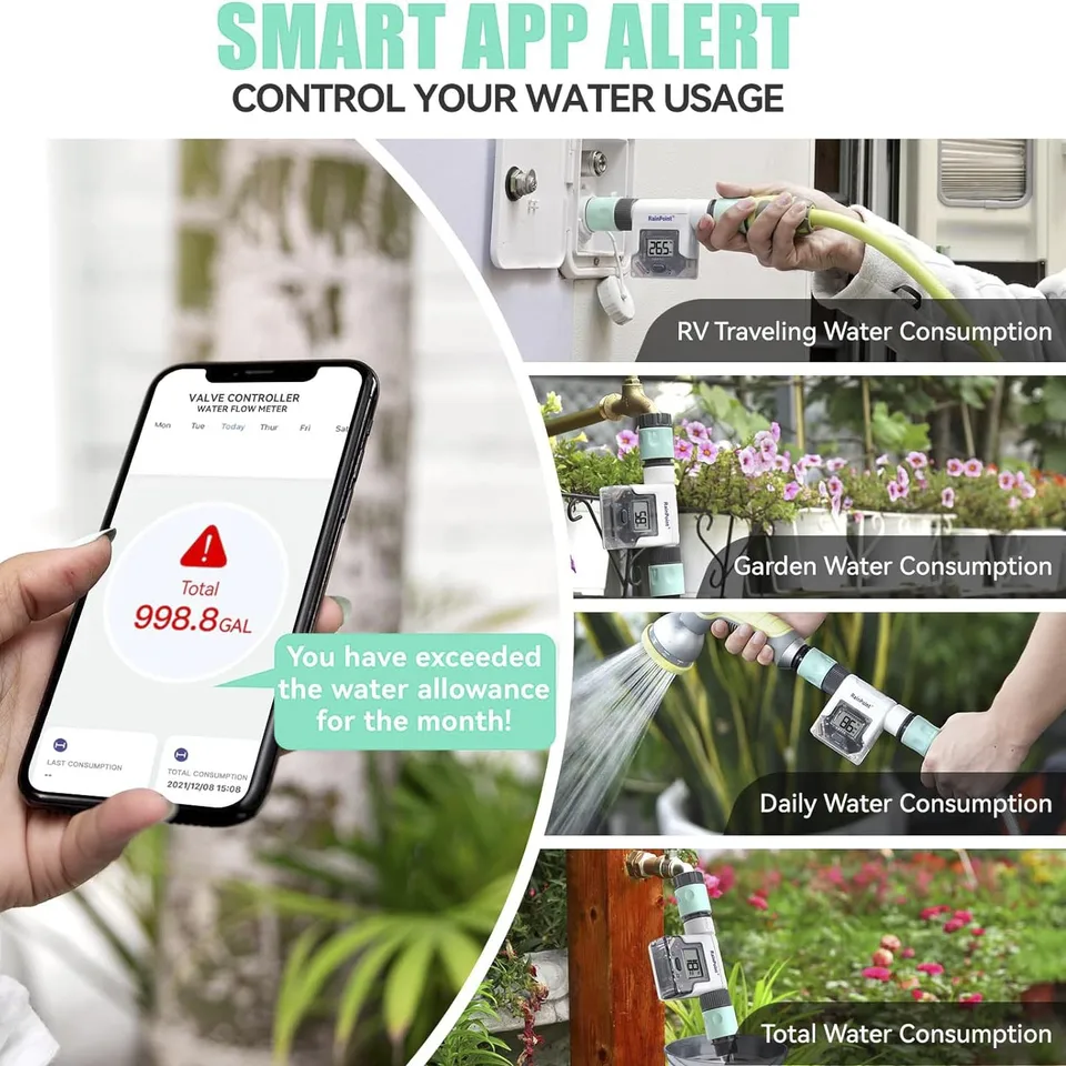 Automatic Watering System RainPoint Wi-Fi Smart Garden Hose Flow Meter ...