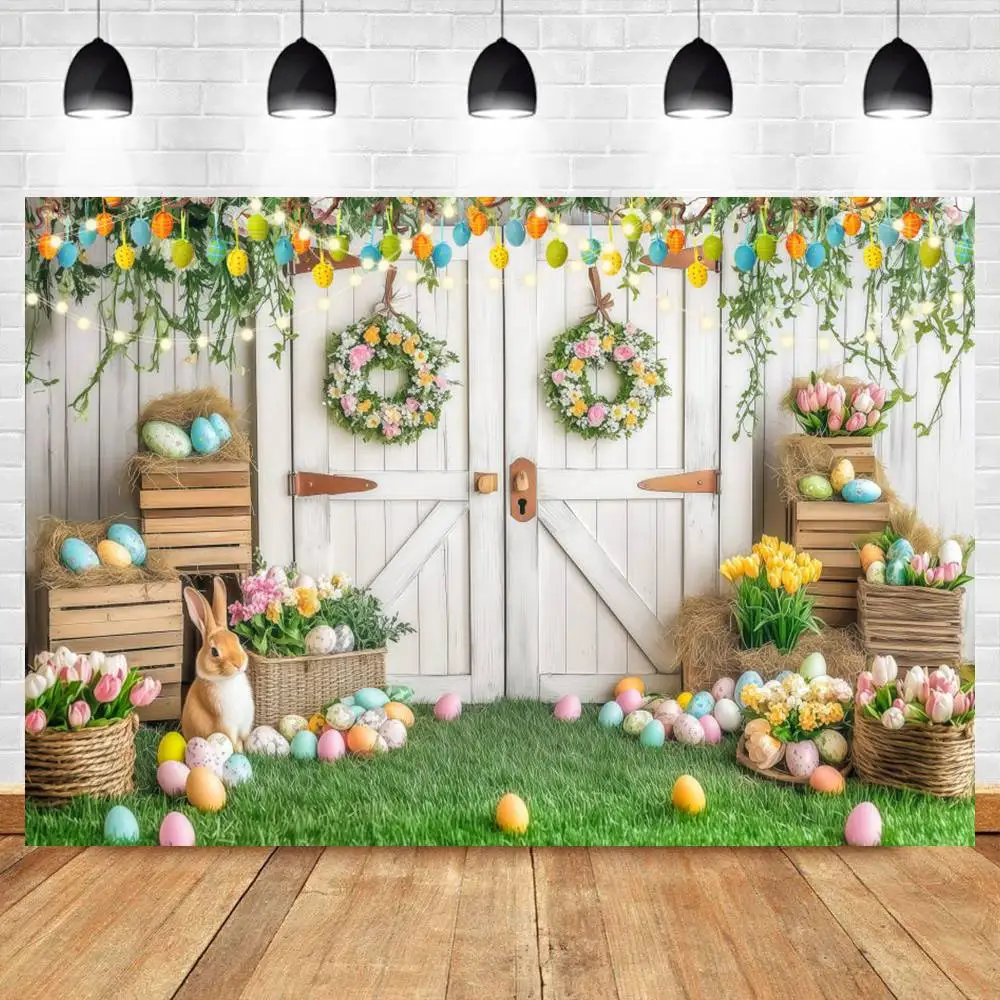 Spring Easter Tent Photography Backdrop Bunny Eggs Green Grass Flowers ...