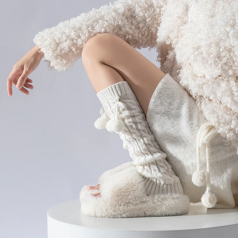 Women's Fluffy Pom Pom Sock Leg Warmers Knit White Black Thickened ...