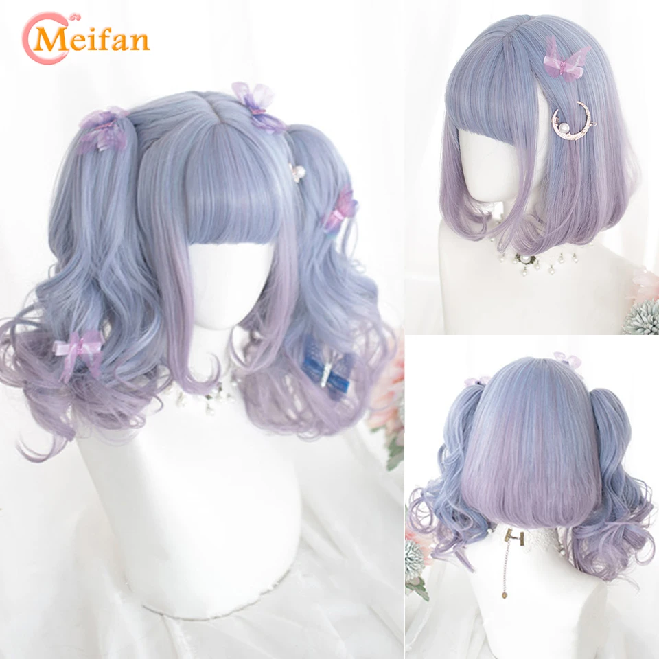 Meifan 합성 짧은 로리타 코스프레 크리스마스 할로윈 밥 웨이브 곱슬 가발 하라주쿠 여성 가발 에어뱅 자연스러운 가짜