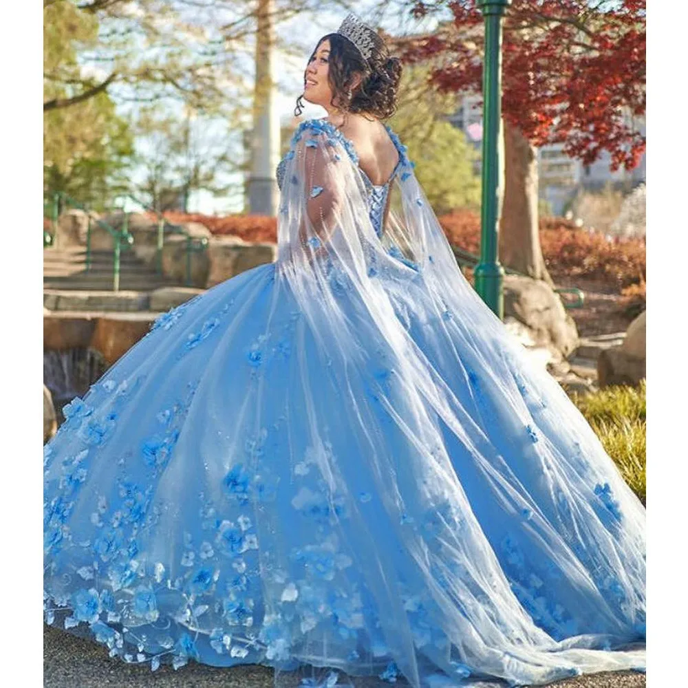 Sky Blue Off Shoulder Quinceanera Dress With Cape Princess Beaded 3d ...