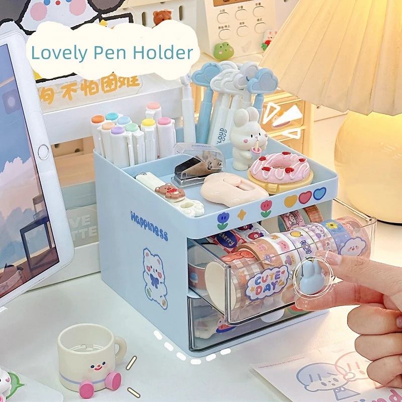 Cute Stationery Organizer Lovely Korean Fashion Pen Holder with Sticker ...