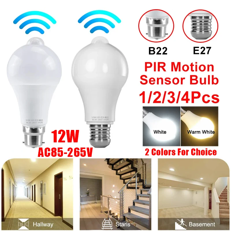 1-4Pcs-12W-LED-PIR-Motion-Sensor-Bulb-Wide-Voltage-E27-B22-Human ...