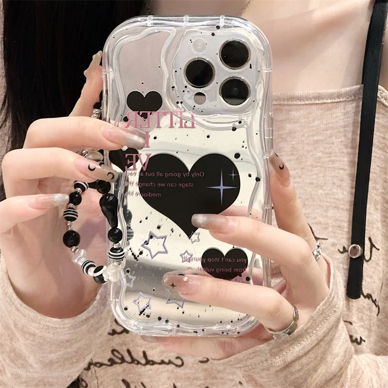 English-Letter-Wave-Black-Ink-Dots-Love-Heart-Clear-Phone-Case-Chain ...