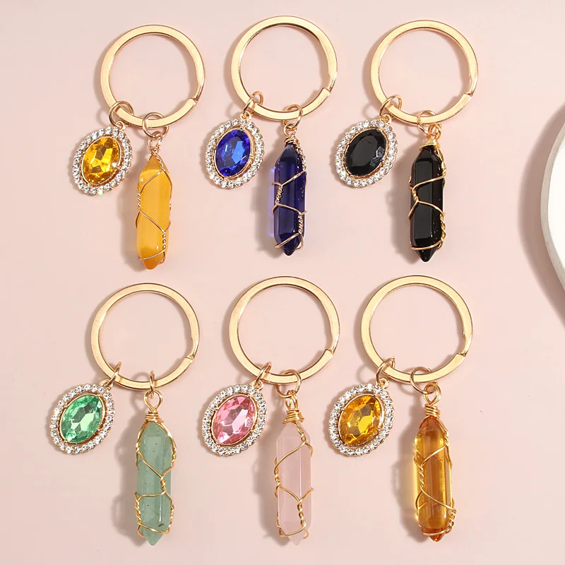 Colorful Natural Stone Keychain Wire Wrap Stone Key Ring Acrylic Beads ...