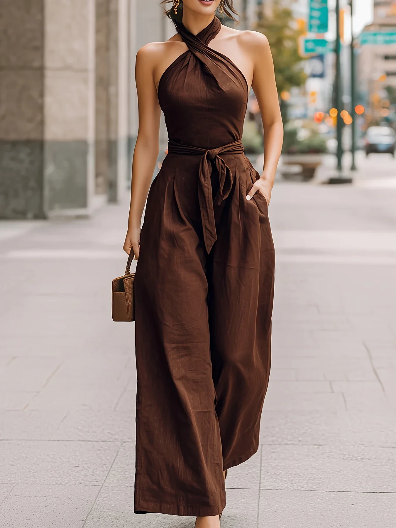 Fashion Sexy Jumpsuit for Women, Linen Blend Brown Halter Neck Wide Leg ...