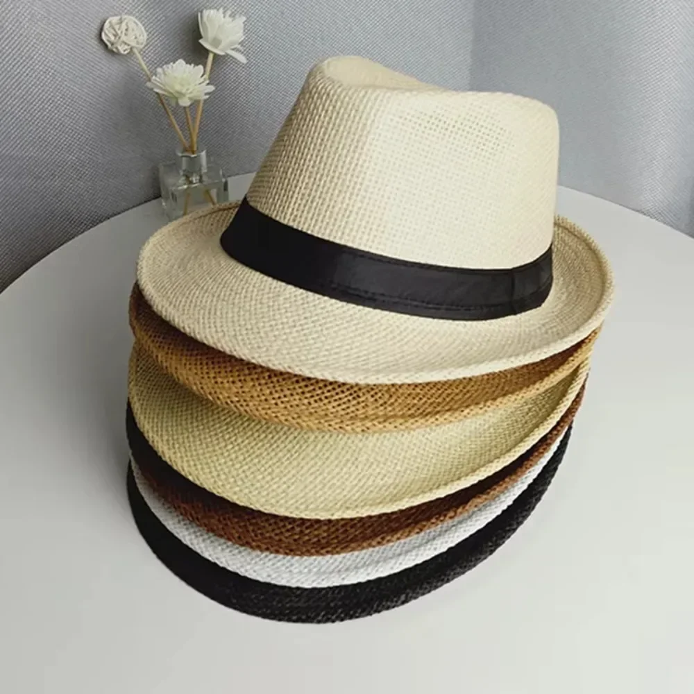 Unisex Straw Fedora Hat Solid Color Ribbon Trim Summer Beach Cowboy ...