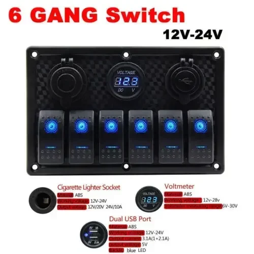 6-Gang-12V-Switch-Panel-ON-OFF-Toggle-Switch-with-Voltmeter-and-3-1A ...