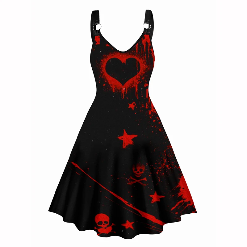 Women-Midi-Dresses-Heart-Skull-Bleeding-Star-Print-V-Neck-Dress-O-Ring ...