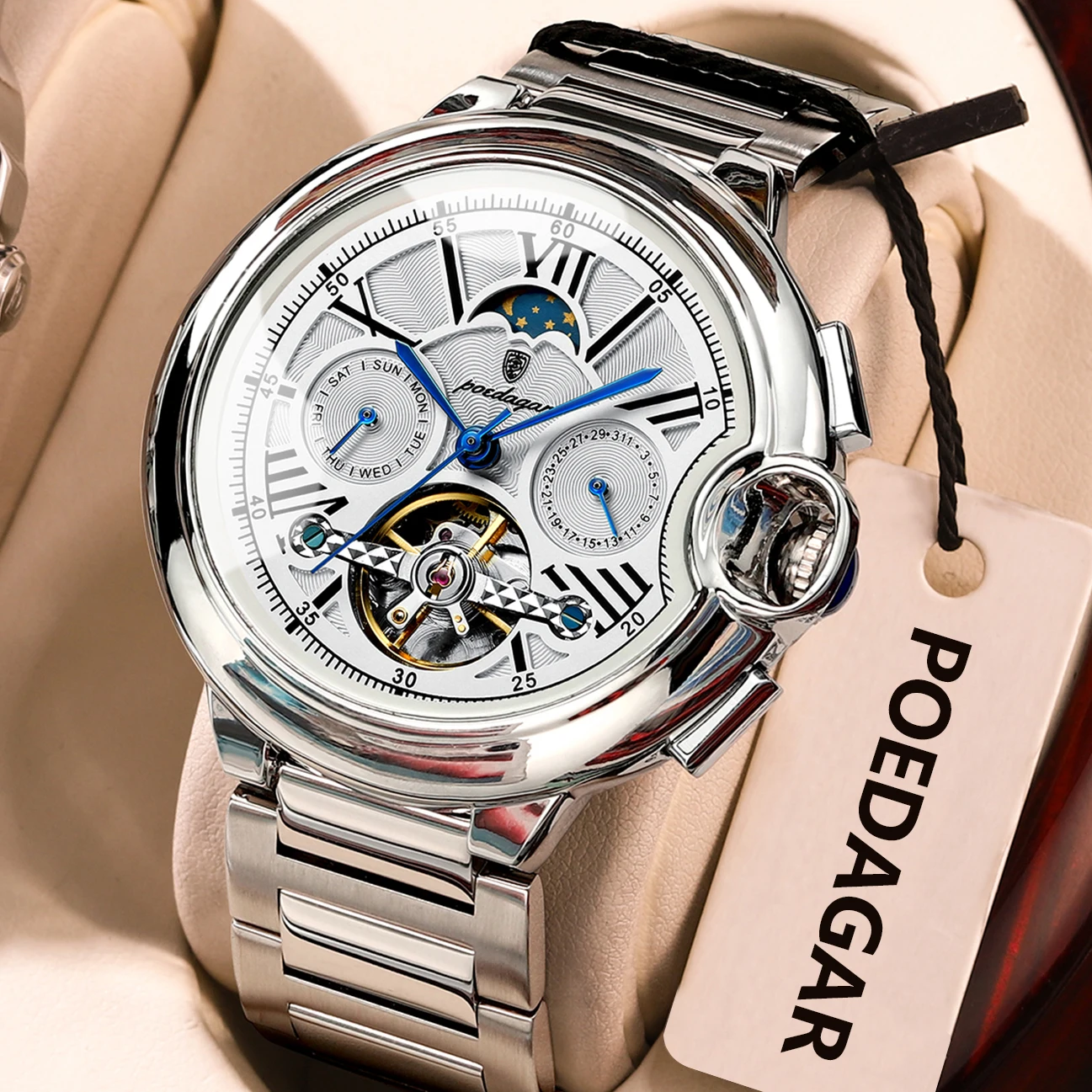 POEDAGAR Luxury Business Male Watch Date Week Stainless Steel ...