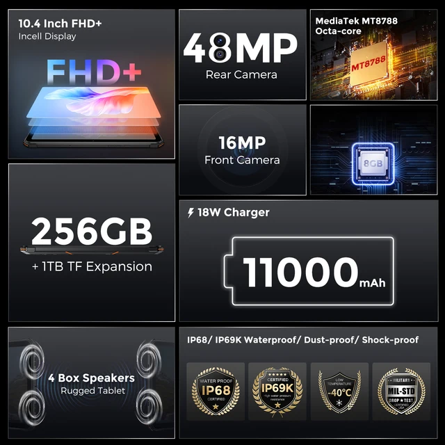 FOSSiBOT DT1 Tablet Android 13 10.4inch 2K Display 8GB 256GB 11000mAh 18W Fast Charge 48MP ...