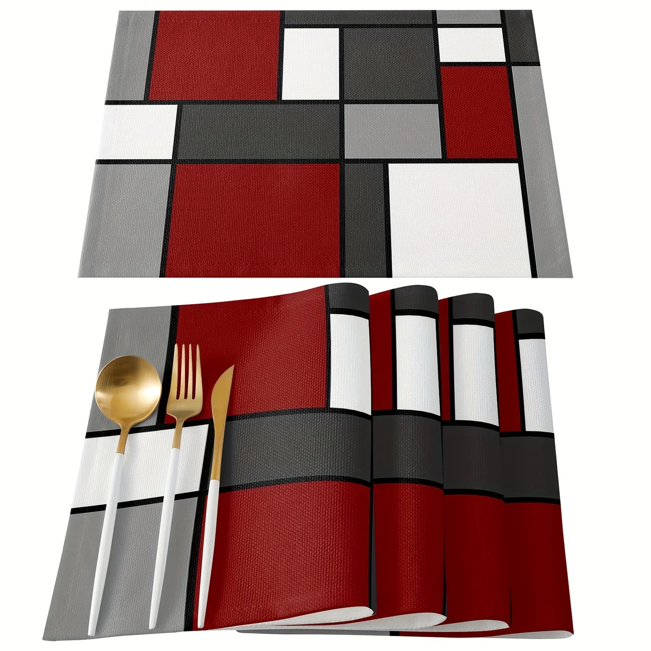 4Pcs Red Geometric Plaid Pattern Table Mat Kitchen Decoration Placemat ...