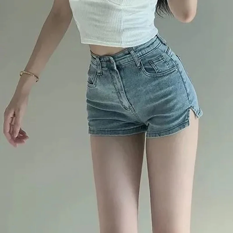 Korean Denim Shorts Women Side Split Blue Sexy Low Waist Skinny Shorts ...