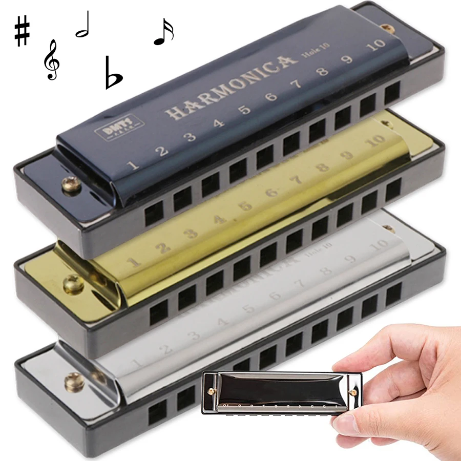 3 Colors Available 10-Holes Metal Harmonica with Storage Box Half Scale ...
