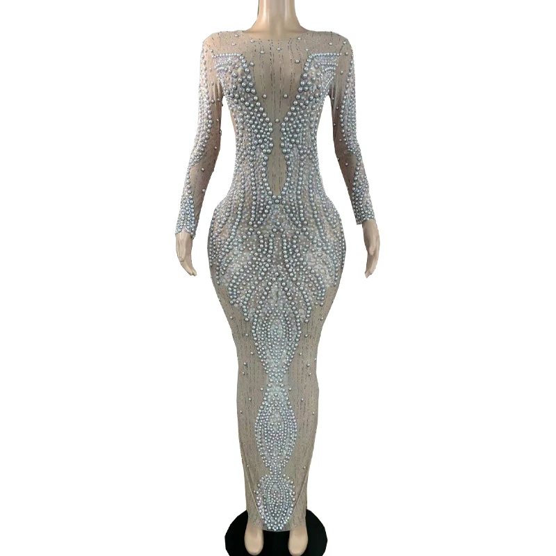 Rhinestone Sexy Sparkly Pearls Mesh Transparent Long Dress Prom Gown ...