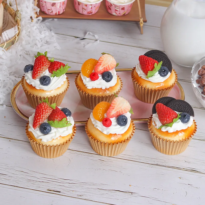 Fake Cupcake Model Decoration Props 6pcs Fruit Cakes Dessert Food Model ...