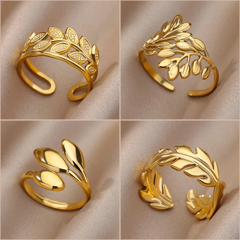 Exquisite-Stainless-Steel-Tree-Branch-Leaves-Rings-For-Women-Men-Open-Gold-Color-Leaf-Ring ...