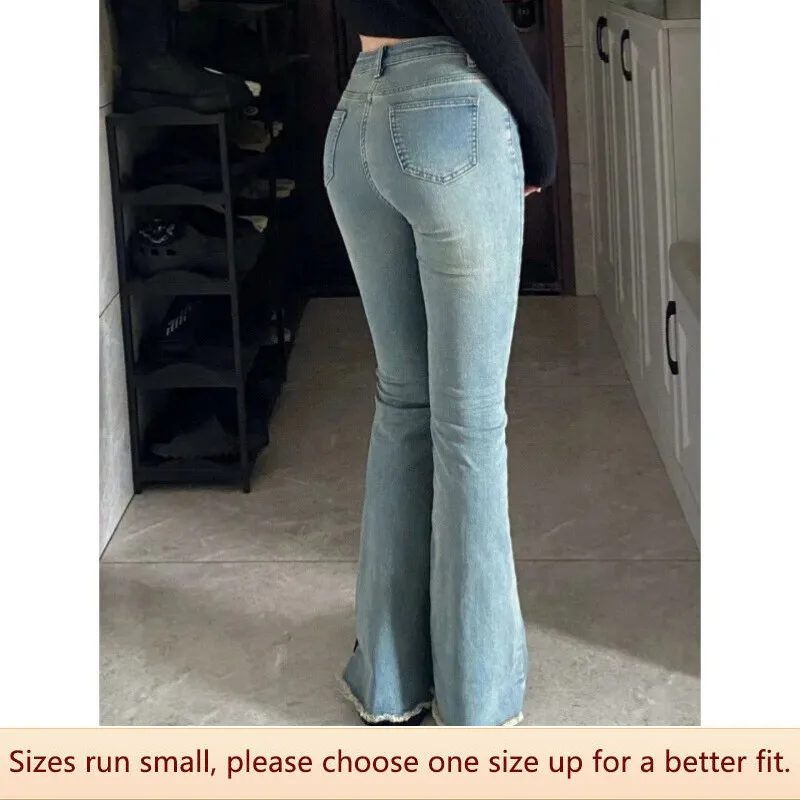 Women Flared Jeans Slim Fit Waist Casual Dragging Pants Trendy Cotton ...