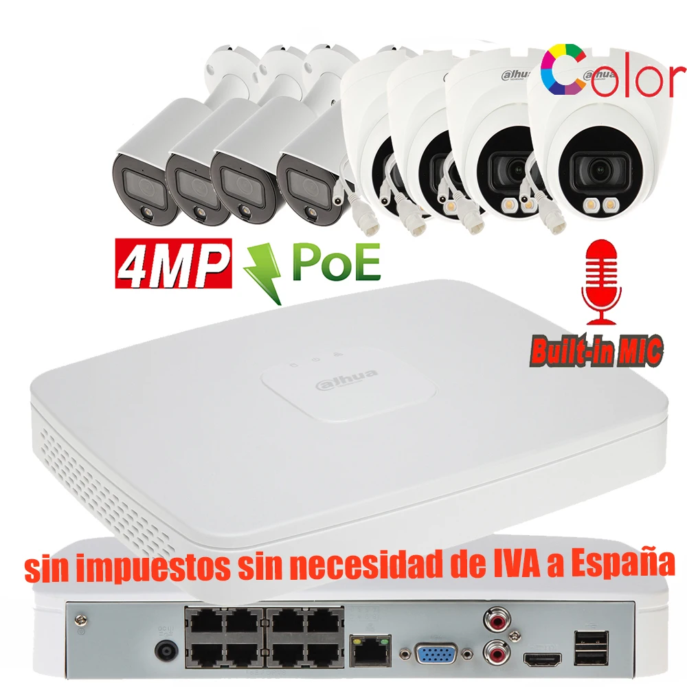 Dahua cámara a todo color de 4MP, dispositivo con lenguaje múltiple, H.265, 8 canales, POE ...