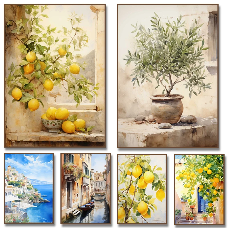 Italian Lemon Olive Tree Retro Mediterranean Greece Landscape Poster ...