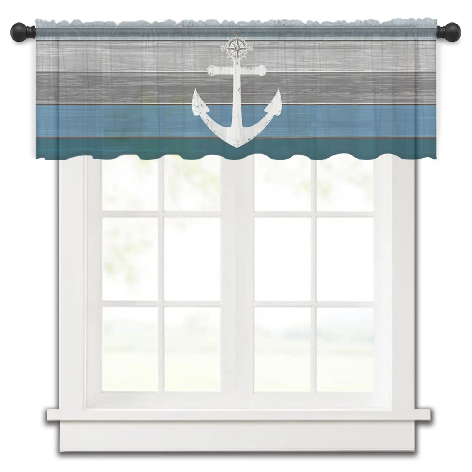 Farm Retro Wood Grain Anchor Kitchen Small Window Curtain Tulle Sheer ...