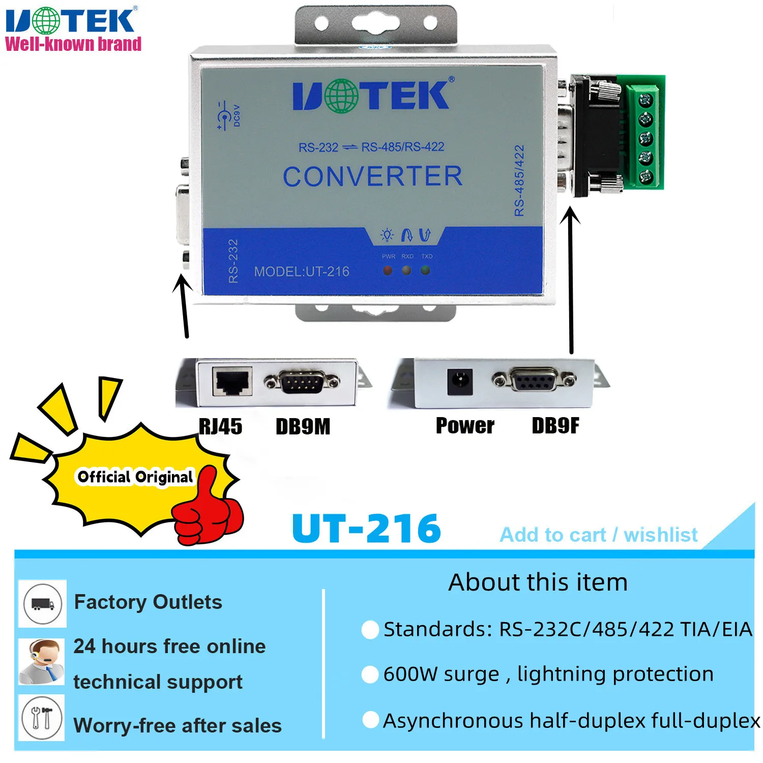UOTEK Converter RS232 to RS485 RS422 Conversion Adapter DB9 Com ...