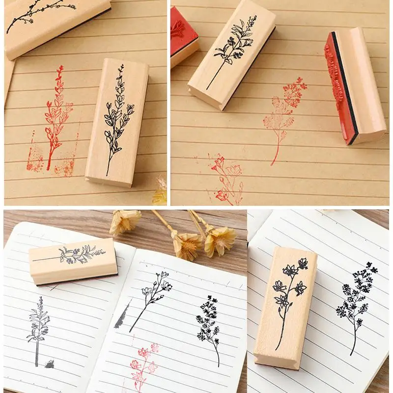 Flower-Plant-Stamps-Vintage-Wooden-Rubber-Stamp-Set-With-Red-Ink-Pad ...