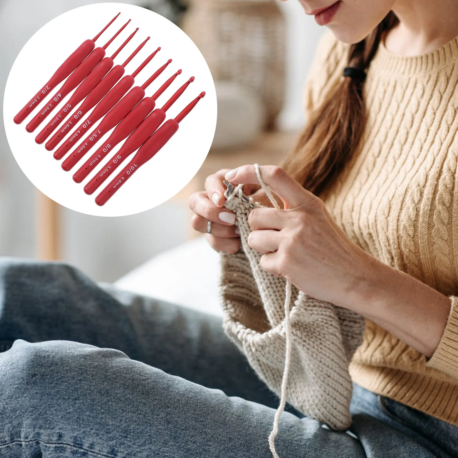 9-Pcs-Red-Silicone-Crochet-Hook-Kit-Tool-Sweater-Needle-with-Weave ...
