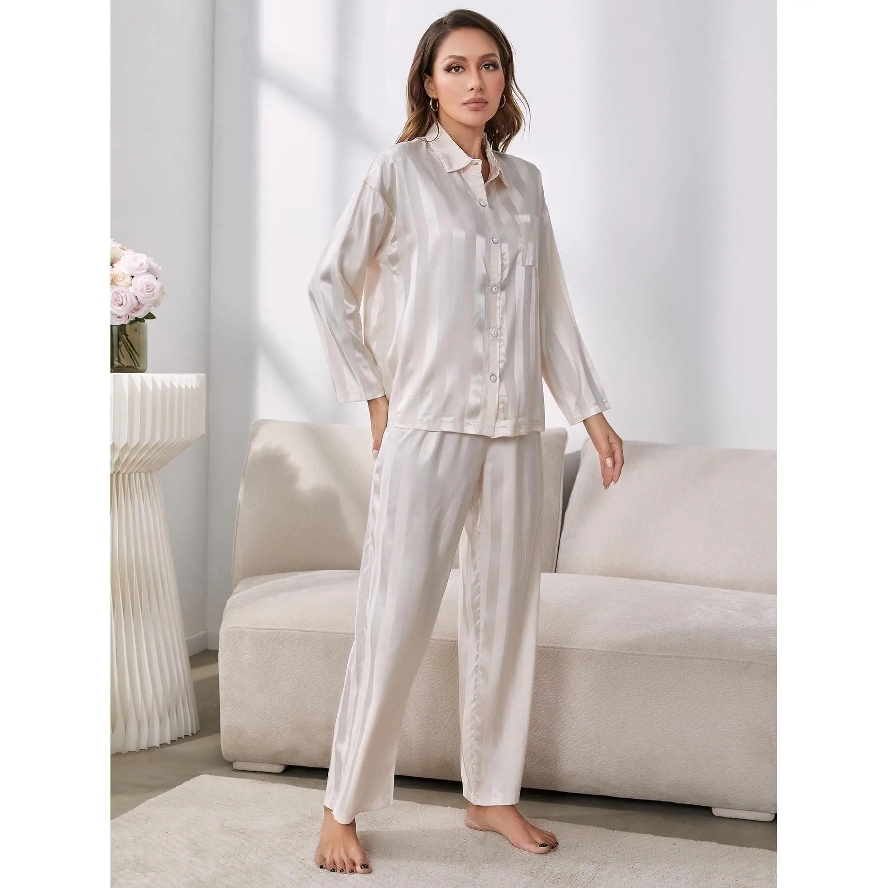 American-Style-Beige-Pajamas-for-Women-Stripe-Imitated-Silk-Fabric-Long ...