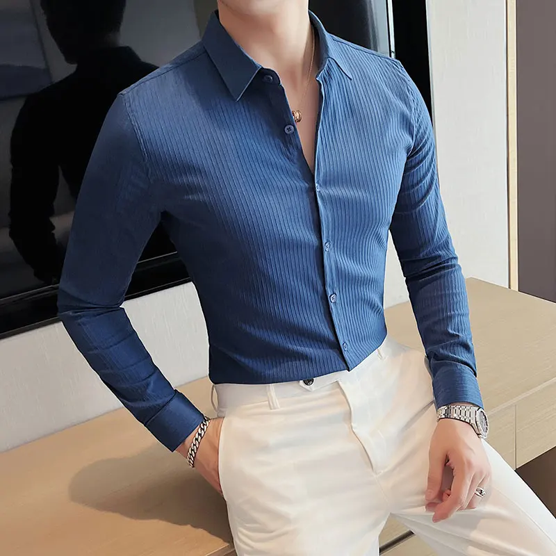 남성용 다크 스트라이프 스트레치 셔츠 긴팔 슬림핏 비즈니스 드레스 셔츠 옴므 소셜 클럽 복장 2022 가을 신상 패션