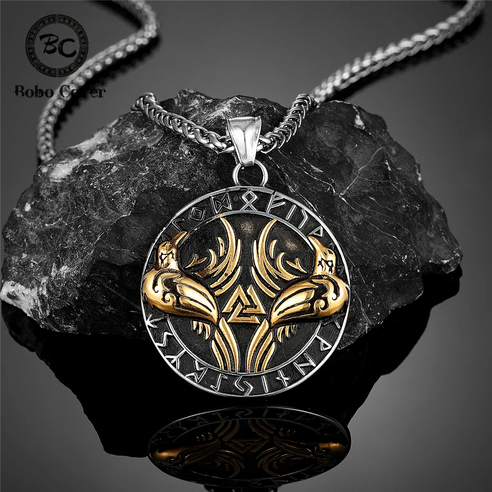 Retro-Norse-Mythology-Crow-Runes-Necklace-Men-Stainless-Steel-Viking ...