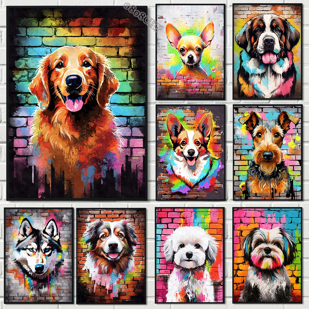 Colorful Graffiti Dog Art Posters Prints on Canvas Cute Animal Pets ...